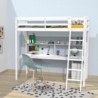 Weber Industries Hochbett Studio 90 x 190 cm + 1 Lattenrost + Box 3 Schubladen + Schreibtisch + Regal/Weiß