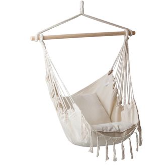 Patio Hängesessel mit Fransen Schaukel zum Hängen für Outdoor Indoor bis 100 kg Holzstabe Baumwolle Polyester Ecru Boho Stil