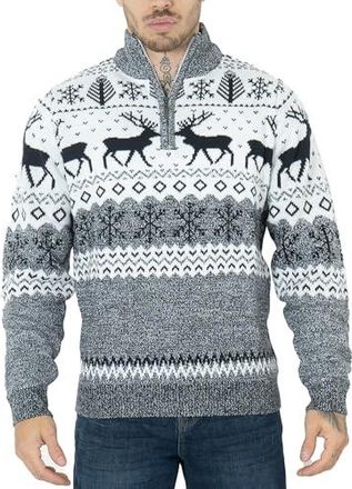 Noroze Christmas Mens Jumpers | Nordic Style Knitted Lightweight Reindeer Printed Jumper | Quarter Zip Crew Neck Long Sleeve Pullover Top | Christmas Jumper 