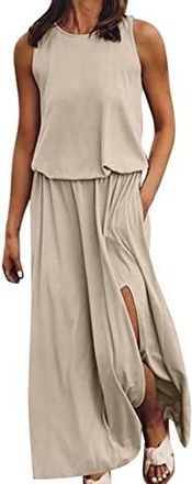 Generic Robe boh&egrave;me 2026 pour femme, col rond, sans manches, avec fente lat&eacute;rale, style boh&egrave;me, kaki, XXL