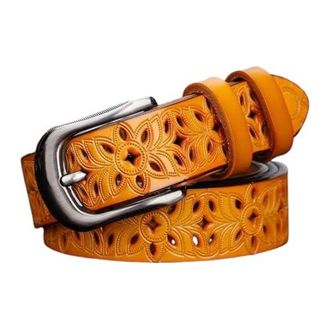 Generic Ceinture r&eacute;tro pour femme - Fleurs creuses - En cuir - Pour jeans - Large ceinture avec boucle en m&eacute;tal - &Eacute;charpe - Bonnet - Ensemble fille, jaune, L