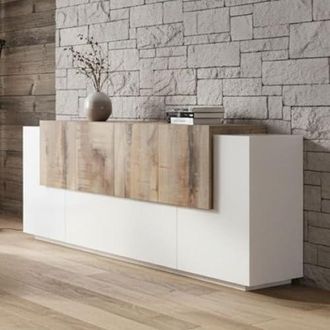 Dmora Kommode Gennaro, K&uuml;chen-Sideboard mit 7 T&uuml;ren, Wohnzimmer-Buffet, K&uuml;chen-Sideboard, 100 % Made in Italy, 200 x 45 x 86 cm, gl&auml;nzendes Wei&szlig; und Ahorn