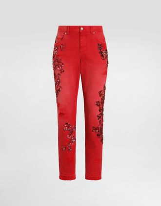 Dolce & Gabbana Denimhose Aus Baumwoll-denim Mit Kristallapplikationen - Mann Jeans Red 44