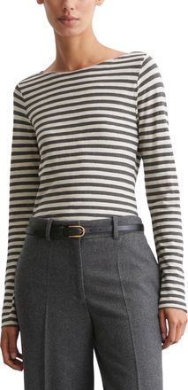 Marc O'Polo Damen Langarmshirt aus Bio-Baumwolle mit U-Boot-Ausschnitt, Mehrfarbig (Multi/Deep Grey Melange), XXS