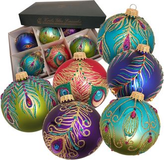 Krebs Glas Lauscha Weihnachtskugeln Pfaumuster-Set Mehrfarbig 8 cm - 6er Set - mundgeblasen & handdekoriert - edle Glasornamente f&uuml;r Festliche Weihnachtsdeko