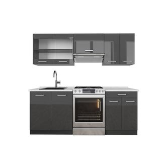 Vicco K&uuml;chenzeile R-Line, Anthrazit Hochglanz/Anthrazit, 200 cm, AP Marmor