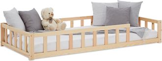 Homestyle4u Bodenbett 90x200 Natur Montessori Kinderbett mit Rausfallschutz Lattenrost Kinder Holzbett