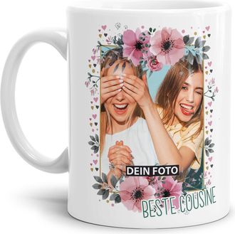 Tassendruck Keramik Tasse - Beste Cousine - mit Foto selbst gestalten - Geschenk für die beste Cousine, Geburtstag, Weihnachten I Personalisiert, Weiß, 300 ml