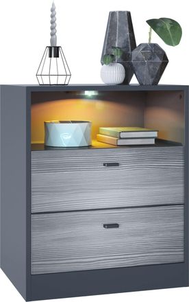 Vladon Kommode Pino V1, Made in Germany, Nachttisch mit 2 Schubladen & 1 offenem Fach, Anthrazit matt/Avola-Anthrazit mit LED RGB (56 x 67,5 x 36 cm)