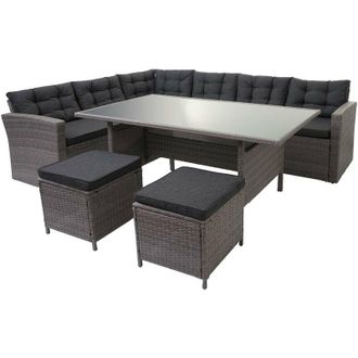 Hhg Poly-Rattan-Garnitur HHG 471, Gartengarnitur Sitzgruppe Lounge-Esstisch-Set Sofa grau, Kissen grau + 2x Hocker