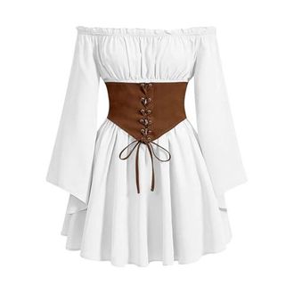Generic Robe m&eacute;di&eacute;vale &agrave; manches longues et &eacute;paules d&eacute;nud&eacute;es pour femme, blanc, XXL