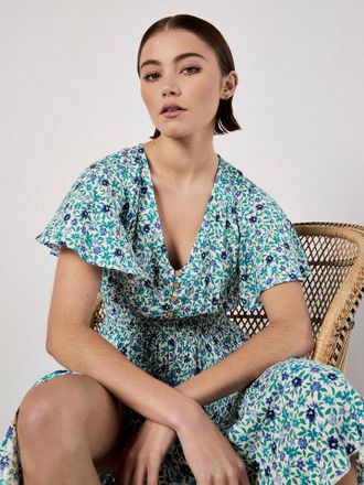 Apricot Midikleid Blumenkleid mit Fl&uuml;gelarmen