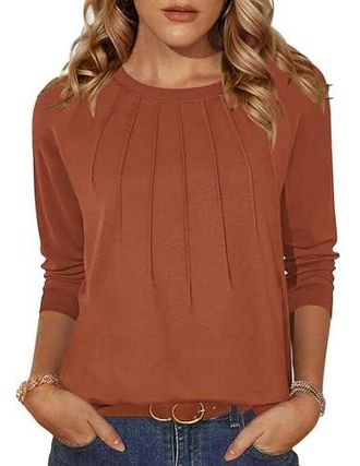 Zeagoo T-shirt à manches longues pour femme - Col rond - Décontracté - Plissé - Couleur unie - Basique - Automne - Tunique ample - Tailles S à XXL, Caramel, 