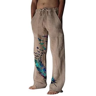 Generic Pantalon en lin pour hommes long fin : pantalon d&eacute;t&eacute; avec imprim&eacute; pantalon de plage avec cordon de serrage pantalon de loisirs pantalon de travail res