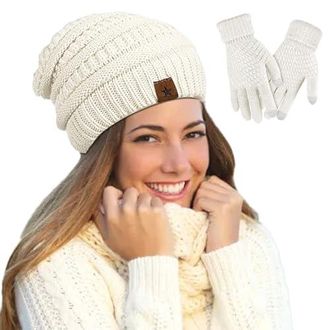 Generic Combinaison de chapeau et de gants pour femmes,Ensemble de moufles tricot&eacute;es r&eacute;sistantes au vent,Gants et chapeau &agrave; &eacute;cran tactile chauds | Pour les pe