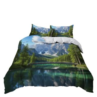 Generic Bettw&auml;sche 3teilig Bettbezug, Landschaft Berg See Bettbezug 135x200 cm Mikrofaser mit Kopfkissenbezug mit Rei&szlig;verschluss 80x80cm*2 Bunt
