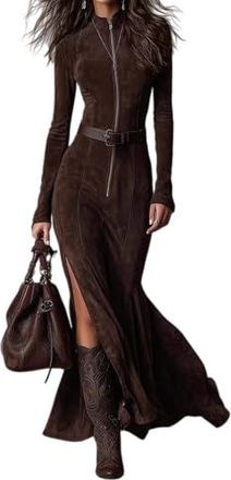 Generic Robe longue en daim synth&eacute;tique pour femme, style western r&eacute;tro, col haut, fermeture &eacute;clair, ceinture, coupe ajust&eacute;e, fente lat&eacute;rale, robe vintage en 