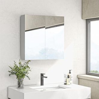 Kleankin Armoire Murale de Salle de Bain, Placard de Rangement, 3 Niveaux, &eacute;tag&egrave;re r&eacute;glable, 2 Portes et miroirs, Armoire Suspendue, 60 x 15 x 60 cm, Blanc