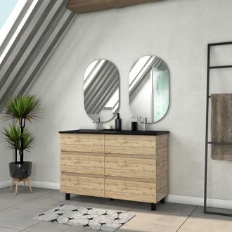 Aurlane meuble salle de bains 120cm 6 tiroirs chêne naturel + vasque noire et miroirs ovales