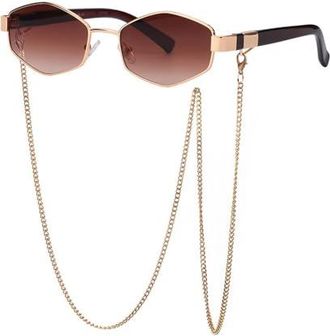 Generic Lunettes de soleil hexagonales à petite monture 2026 2024 pour femmes avec chaîne, lunettes de soleil pour dames nuances, marron, Taille unique