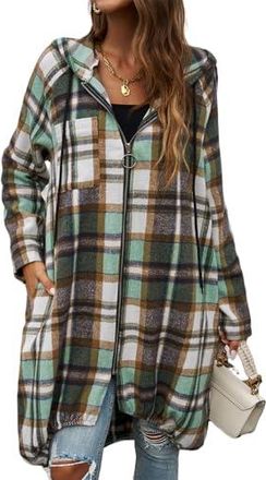 Generic Chemises à carreaux pour femme, à manches longues et fermeture éclair, manteau long avec poches, haut à capuche chaud en flanelle, Vert, XL