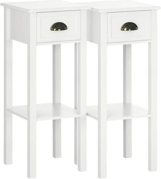 HOMCOM Lot de 2 Tables dappoint Bout de canap&eacute; gu&eacute;ridon - tiroir, &eacute;tag&egrave;re - dim. 30L x 30l x 75H cm - poign&eacute;es coquilles Laiton Vieilli MDF Blanc