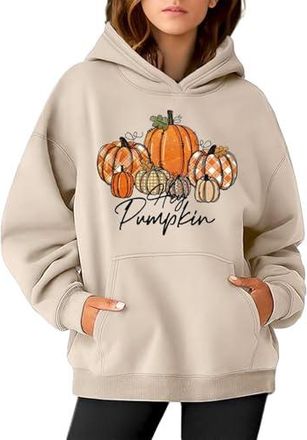 Generic 2026 Chandail à capuche décontracté à manches longues avec poche pour femme Motif citrouille, beige, XXL