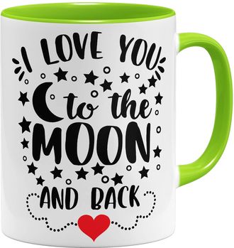 OM3 I love you to the moon and back Liebe Tasse für Partner - Keramik Becher - 11oz 325ml - Beidseitig Bedruckt - Hellgrün