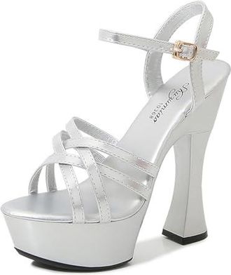 Generic Argent,42 EU,Sandales à Talons épais et Plateforme à lanières pour Femmes, Bout Ouvert, Bride à la Cheville, Chaussures de soirée de Mariage