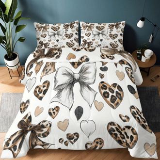 Generic Braun Bettdecke 4 Jahreszeiten, Niedlicher M&auml;dchenstil Warme Schlafdecke Steppdecke 140 x 200 cm - Aquarell Leopardenmuster Schleife Waschbare Bettdec