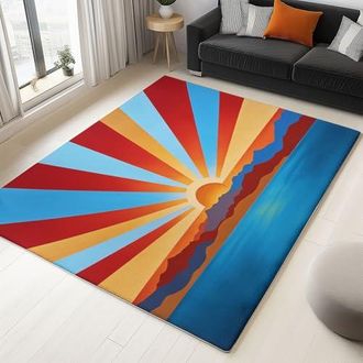 Generic Tapis de Style R&eacute;tro Couleur - Lavable Tapis Lignes Montagnes Soleil Imprim&eacute; &agrave; Poils Courts, Doux Antid&eacute;rapant Moquette pour Chambre Salon Salle &agrave; Man