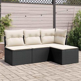 vidaXL 4-tlg. Garten-Sofagarnitur mit Kissen Schwarz Poly Rattan - Vidaxl