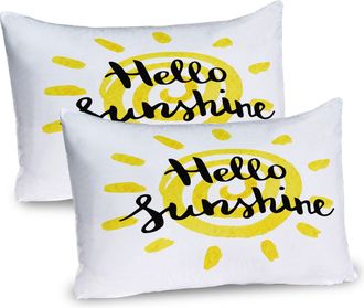 Abakuhaus Hallo Sonnenschein Kissenbezug Packung mit 2, Spiral Sun Motiv Aquarell-Stil Hintergrund mit Hand Schriftzug, Dekorativer Standard Gedruckter Kissenbe