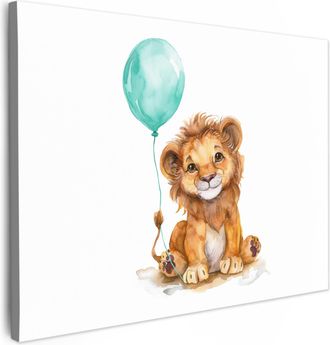 MuchoWow © Wandbilder 70x50 cm Kinderzimmer Wanddeko Schlafzimmer Zimmerdeko Wandgemälde Zimmer Deko auf Wand Dekoration Wall Art Löwe - Luftballon - Blau - Ju