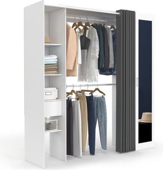 IDMarket Dressing extensible MERYL 145/170 x 50 x 180 cm blanc avec étagères + double penderie + miroir + rideau gris