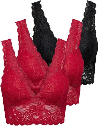 Only Damen ONLCHLOE 3-Pack LACE Bra B&uuml;gelloser Spitzen BH, 3er Pack Bra (2x High Risk Red, 1x Black),XS