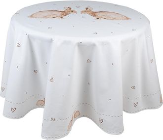 Clayre & Eef Tischdecke &Oslash; 170 cm Wei&szlig; Braun Baumwolle Rund Kaninchen Tischtuch