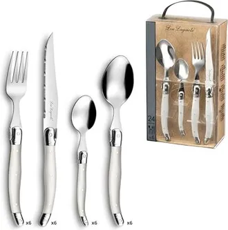 Lou Laguiole TRADITION Steakmesser Besteck Set 24-teilig | Steakbesteck mit Tradition und Stil | Griffe in Perle | Wellenschliff Messer | Grillbesteck Set | Scharf