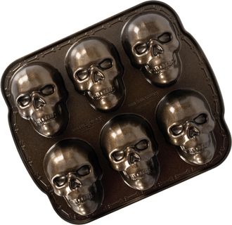 Nordic Ware Totenkopf-Törtchen Backform, Aluminiumguss-Halloween-Backform mit 6 Totenkopf-förmigen Vertiefungen, Antihaft-Kuchenform, Hergestellt in den USA, Farb