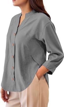 Generic Chemises en lin pour femme, chemisiers en coton et lin pour femmes, chemises d&eacute;t&eacute; en coton avec col en V, boutons, manches longues, chemisier respiran