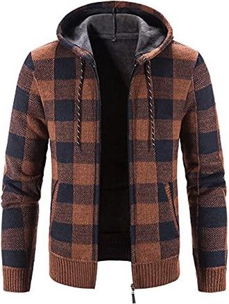 Generic Cardigan en polaire &agrave; fermeture &eacute;clair int&eacute;grale pour homme | Pull dhiver &agrave; carreaux | Veste &agrave; capuche avec doublure en polaire avec cordon de serrage