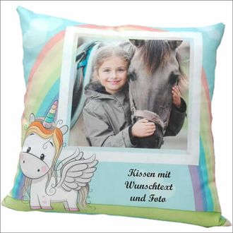 Indigos UG Foto-Kissen mit eigenem Foto individuell Bedruckt - Einhorn Unicorn 2 - selbst gestalten - 38x38 cm - bunt - mit Kissenf&uuml;llung - personalisierte Gesch