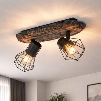 Globo Lighting LED Deckenlampe Wohnzimmer Holzoptik Deckenstrahler 2 flammig Retro Geflecht Spots verstellbar, Metall Kunststoff, 2x 6,5W 806LM warmwei&szlig;, LxBxH