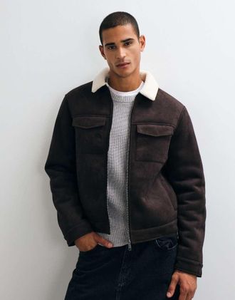 Threadbare blouson aviateur en daim synth&eacute;tique doubl&eacute; imitation peau de mouton marron