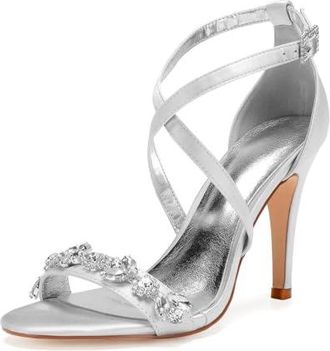 Generic Sandales Stylet Talons Bout Ouvert Femmes Satin Chaussures Mariage Mari&eacute;e Et&eacute; Talon Mariage Soir&eacute;e Chaussures Femmes10.5Cm,Argent,36 EU