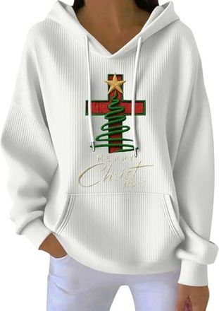 Generic Sweat à capuche de Noël 2025 pour femme - Imprimé de Noël épais - Avec bande de traction - Style décontracté - Cadeau de Noël, blanc, M