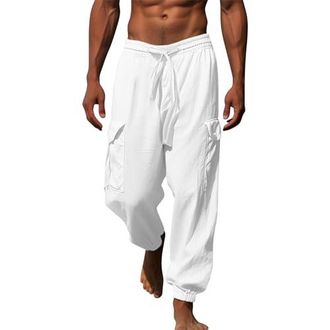 Generic Pantalon d&eacute;t&eacute; baggy en lin pour homme - Couleur unie - Pantalon cargo respirant - En coton - Avec empi&egrave;cement c&ocirc;tel&eacute; au bas des jambes - Taille &eacute;lasti