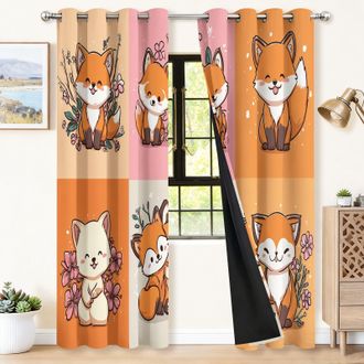 Generic Bedruckte Blickdichte Vorh&auml;nge Orange Farbe, Cartoon Niedlich Kariert Fuchs Muster W&auml;rmeisoliert UV-Schutz Vorh&auml;nge mit &Ouml;sen - H 183 x B 117 cm (2er P