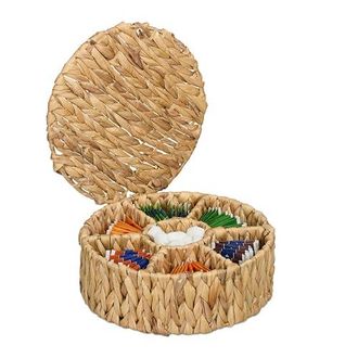 Relaxdays Teebox, 7 F&auml;cher, 80 Teebeutel, geflochtener Tee-Organizer, rund, HxD: 11,5 x 28 cm, Wasserhyazinthe, Natur
