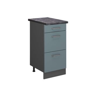 Vicco Küchenunterschrank R-Line, Blau-Grau/Anthrazit, 40 cm mit Schubladen, AP Anthrazit
